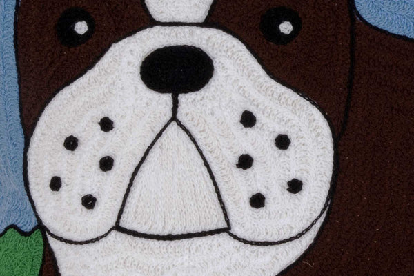 Embroidered English Bulldog Throw Pillow | Hand Chain-Stitch | Greige